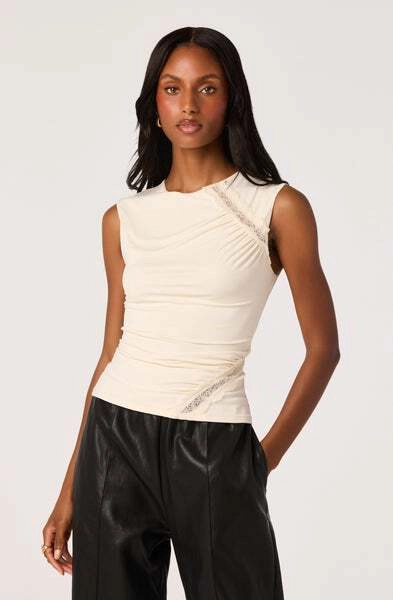 Astr The Label Frances Asymmetric Lace Ruched Top - Cream