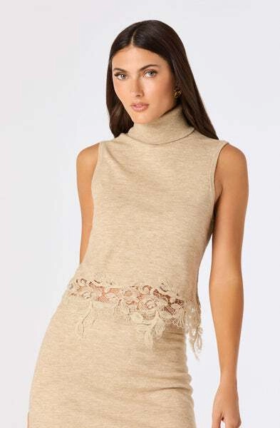 Astr The Label Nadine Lace-hem Turtleneck Top - Natural