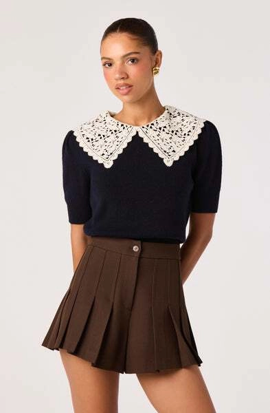 Astr The Label Carianne Lace Collar Puff Sleeve Sweater - Navy
