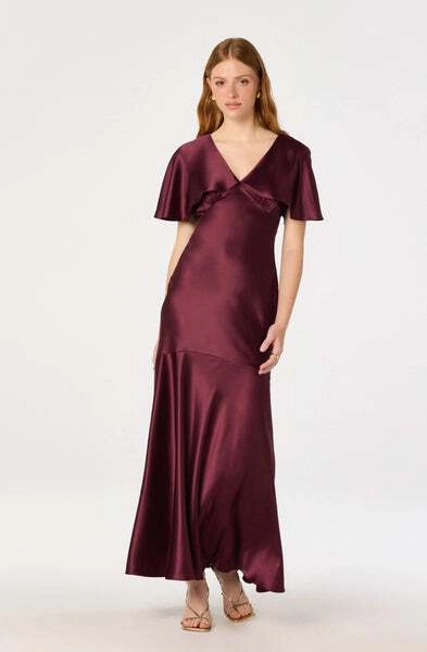 Astr The Label Jamie Cape Sleeve Satin Maxi Dress - Wine