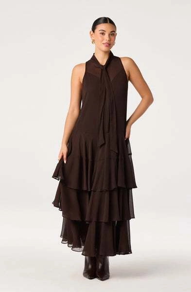 Astr The Label Tiered Ruffle Maxi Dress With Tie Neck