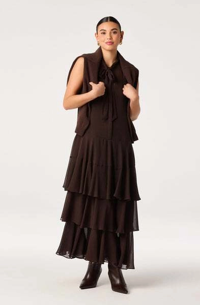 Astr The Label Tiered Ruffle Maxi Dress With Tie Neck
