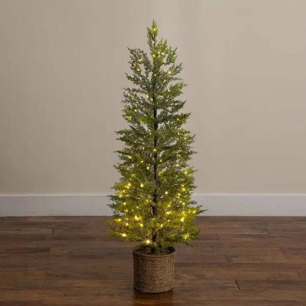 NEARLY NATURAL 4' Pre Lit Artificial Snowed Cypress Christmas Tree