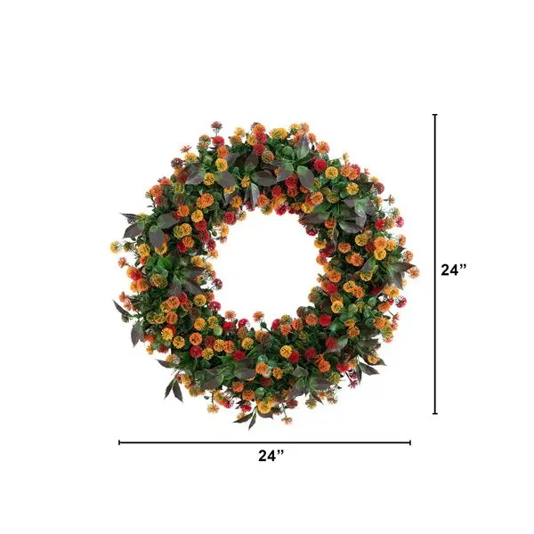 NEARLY NATURAL 24 Uv Resistant Autumn Artificial Fall Mum Wreath