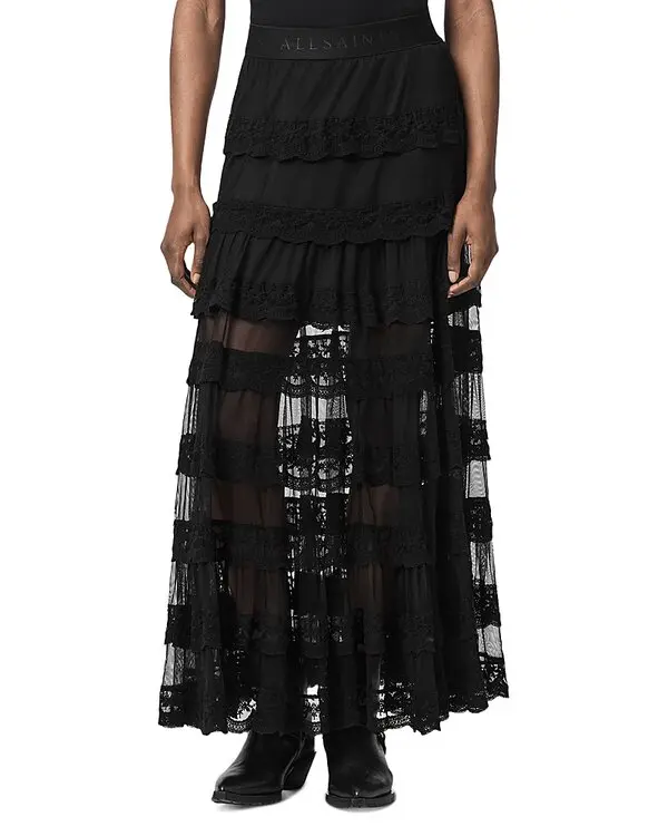 ALLSAINTS Maggie Lace Trim Tiered Maxi Skirt - Black