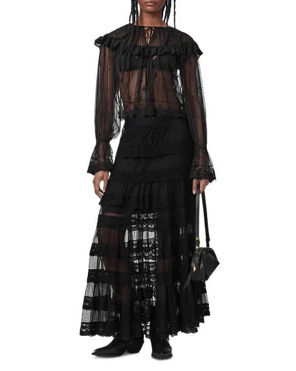ALLSAINTS Maggie Lace Trim Tiered Maxi Skirt - Black