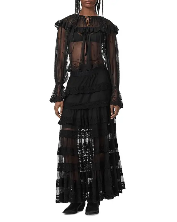 ALLSAINTS Maggie Lace Trim Tiered Maxi Skirt - Black