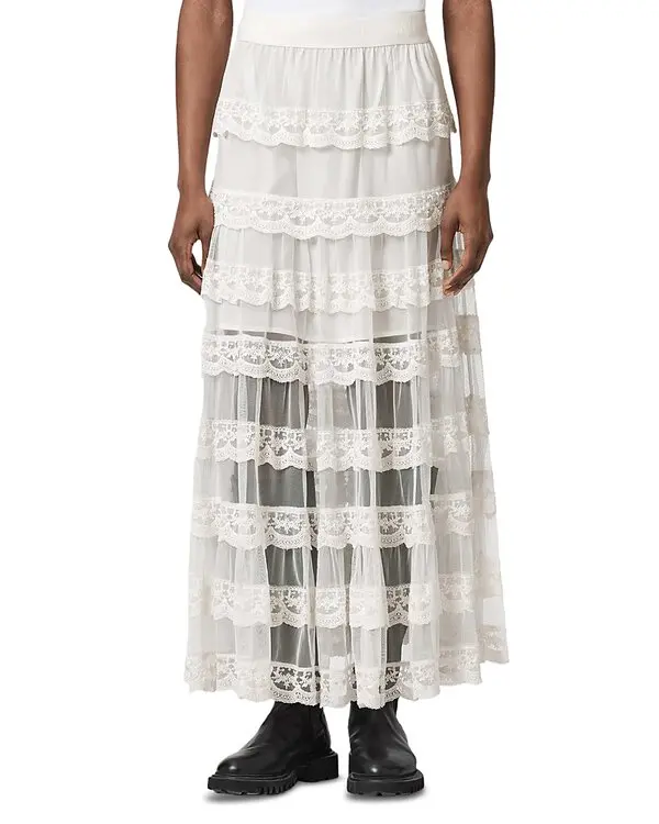 ALLSAINTS Maggie Lace Trim Tiered Maxi Skirt - Chalk White