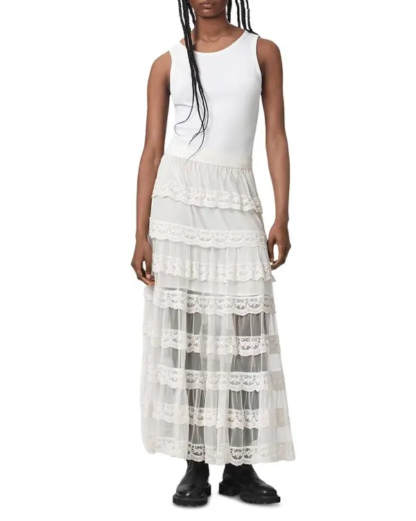 ALLSAINTS Maggie Lace Trim Tiered Maxi Skirt - Chalk White