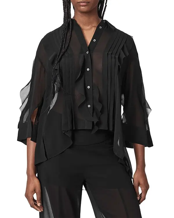 ALLSAINTS Minna Ruffled High Low Shirt - Black