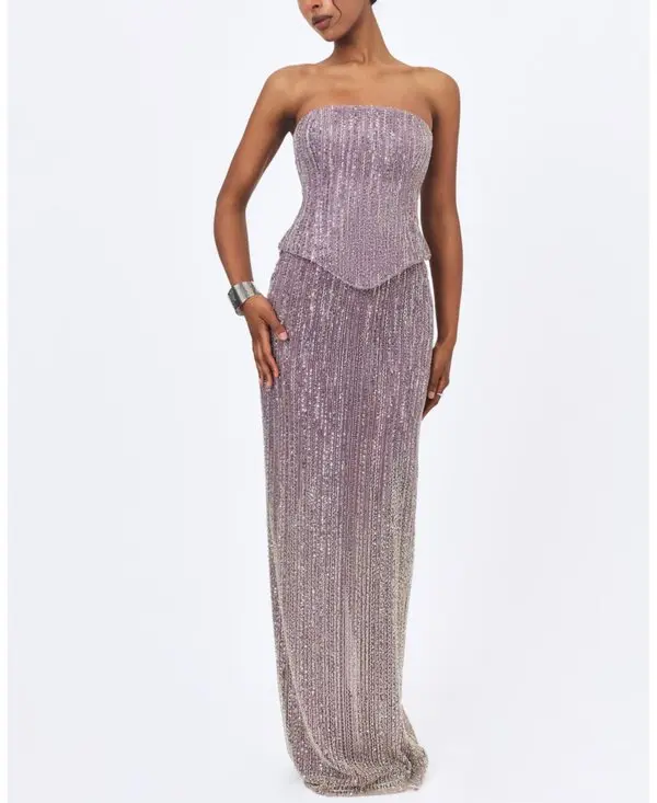 MISS CIRCLE NEW YORK Tosca Beaded Gradient Strapless Peplum Maxi Dress