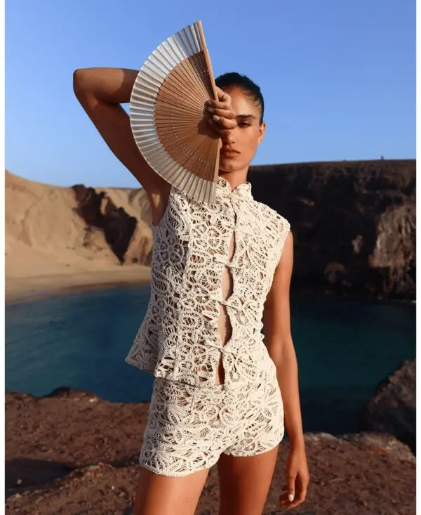MISS CIRCLE NEW YORK Rosetta Cotton Crochet Mandarin Collar Top