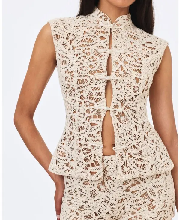 MISS CIRCLE NEW YORK Rosetta Cotton Crochet Mandarin Collar Top