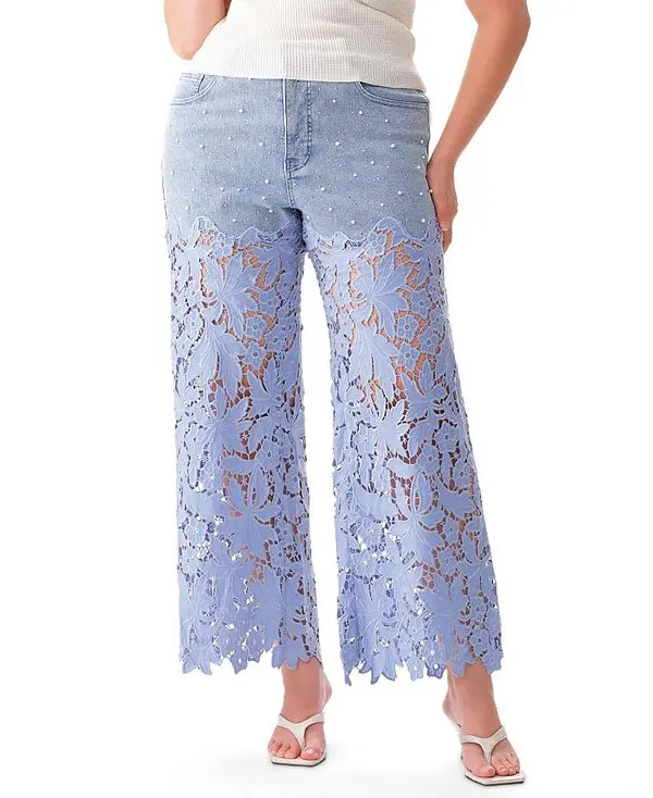 BAYEAS Plus Embroidery Wide Leg Lace Denim Jeans With Pearl - Clearstrand