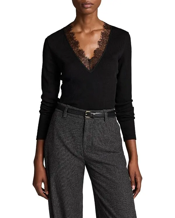Vince Lace Trim V-neck Long Sleeve Top