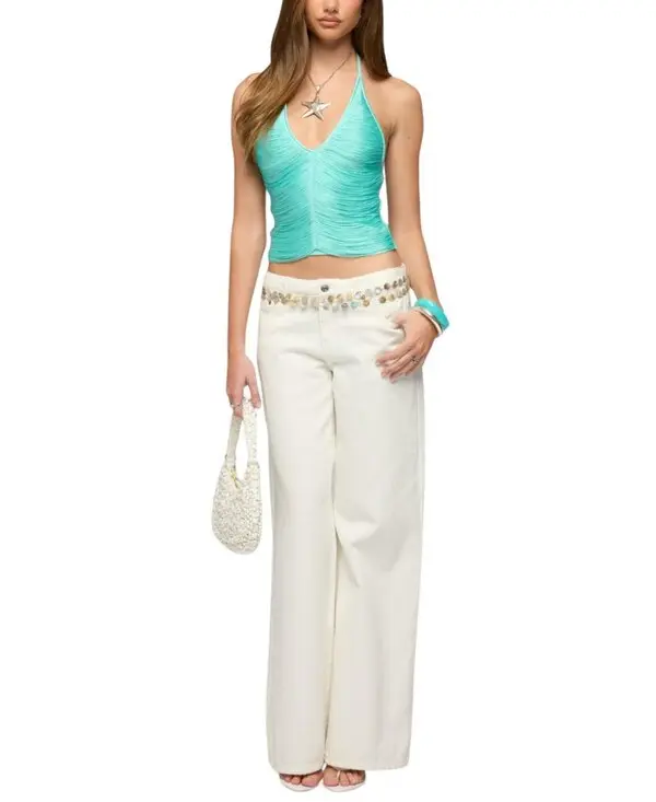 EDIKTED Bree Fringed Halter Top - Aqua