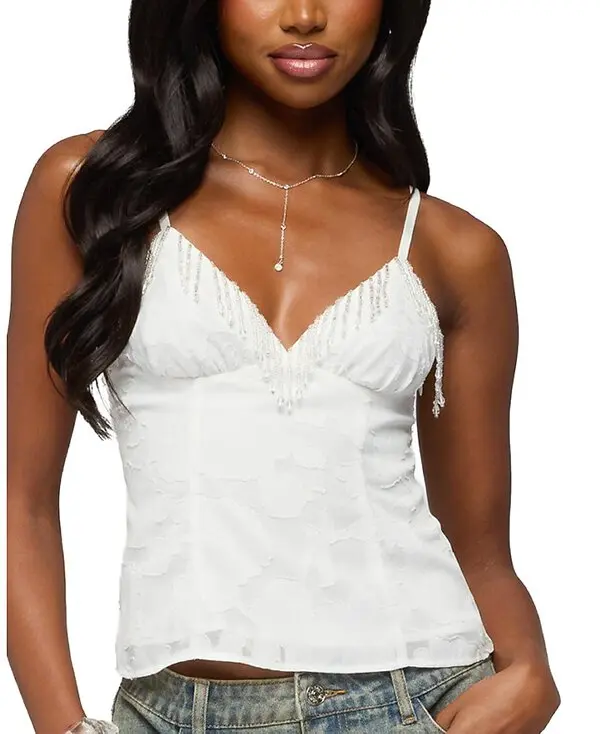EDIKTED Taeyn Fringe Textured Chiffon Top