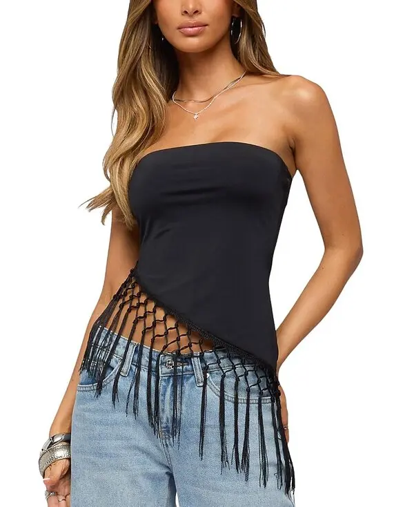EDIKTED Asymmetric Fringe Strapless Top