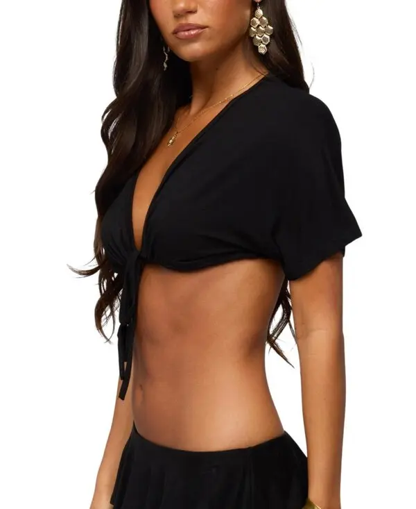 EDIKTED V Neck Front Tie Crop Top - Black