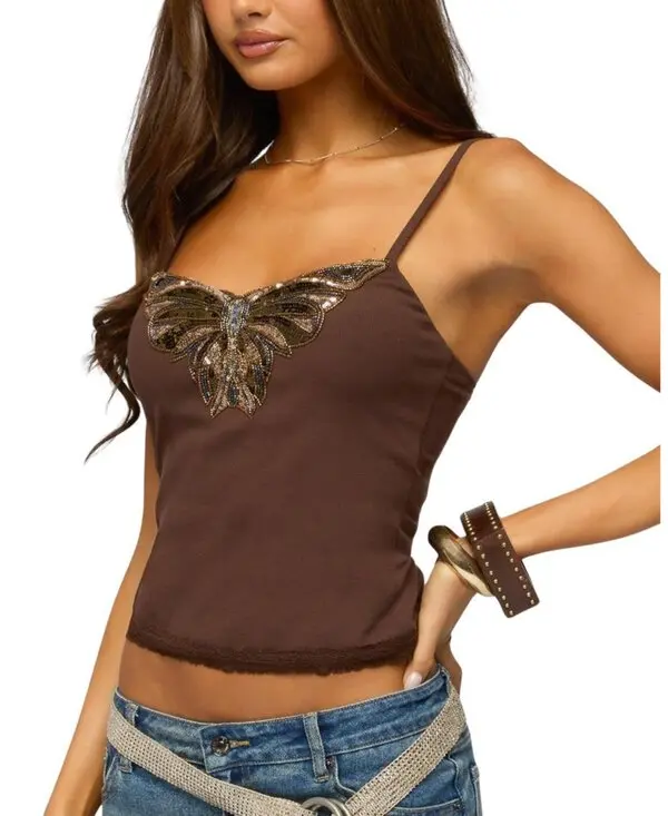 EDIKTED Sequin Butterfly Ribbed Tank Top
