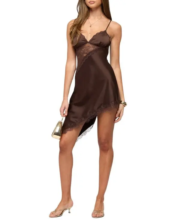 EDIKTED Asymmetrical Lace Trimmed Satin Effect Dress