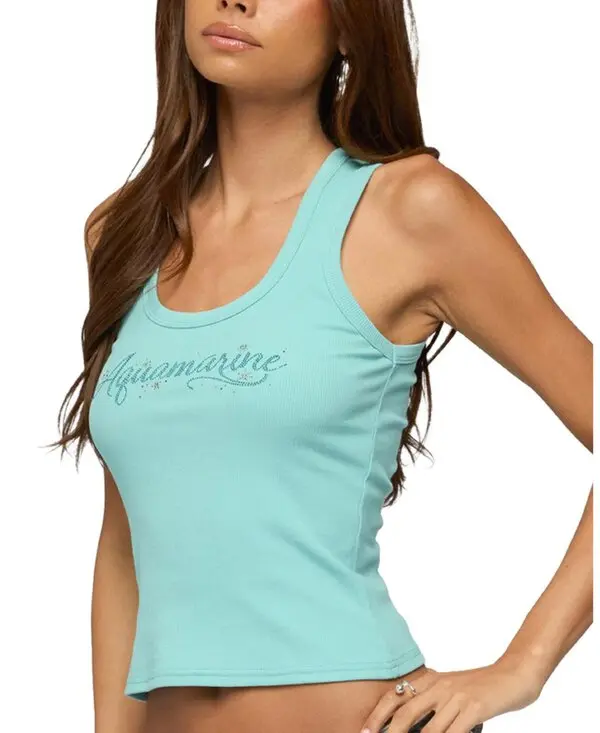 EDIKTED Aquaramine Rhinestone Ribbed Tank Top