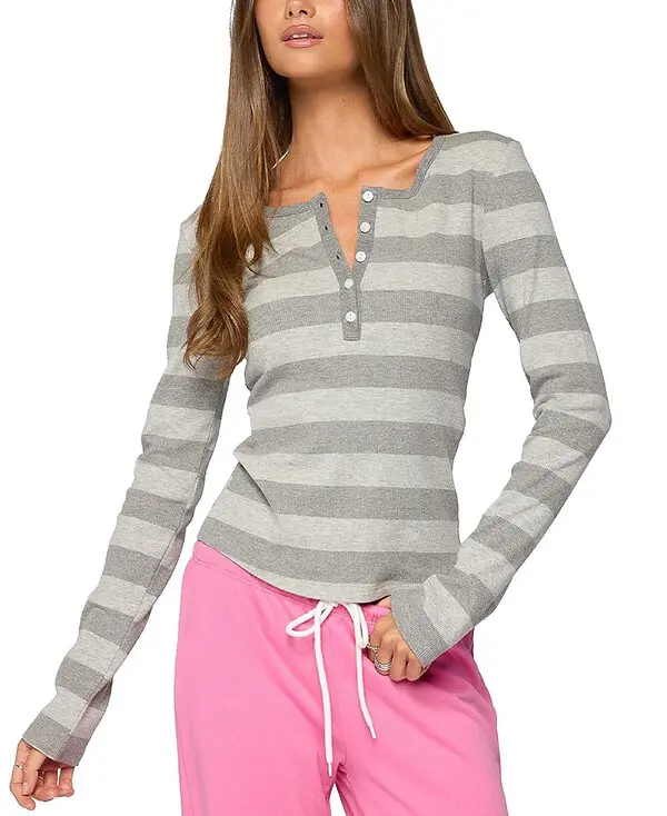 EDIKTED Dea Striped Long Sleeve Henley T-shirt