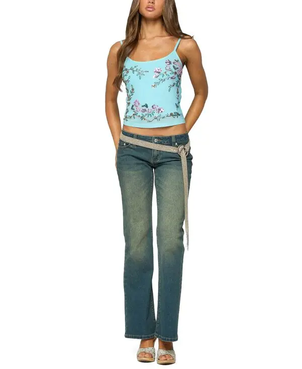 EDIKTED Blair Floral Bead & Sequin Mesh Top
