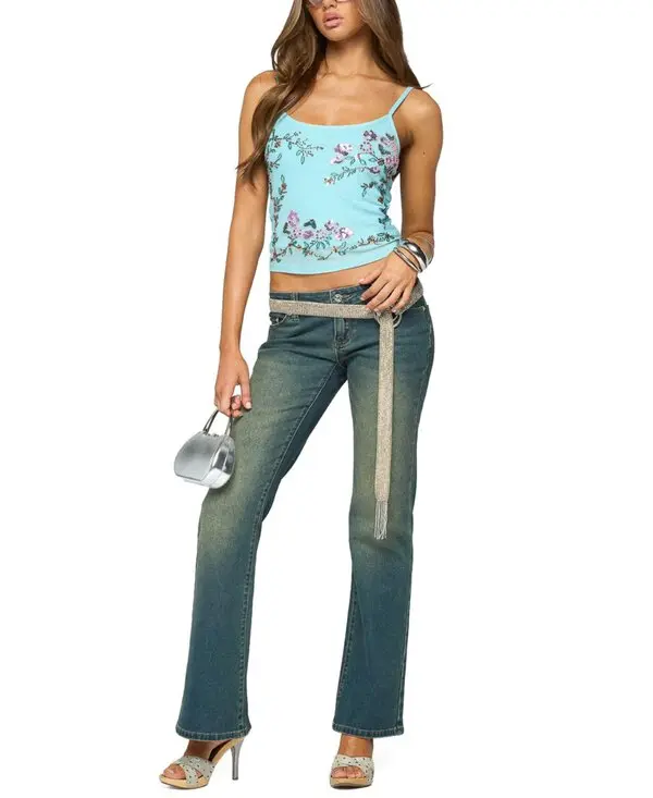 EDIKTED Blair Floral Bead & Sequin Mesh Top