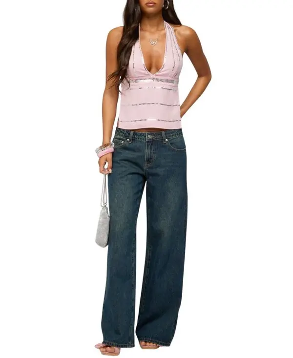EDIKTED Roey Sequin Chiffon Halter Top