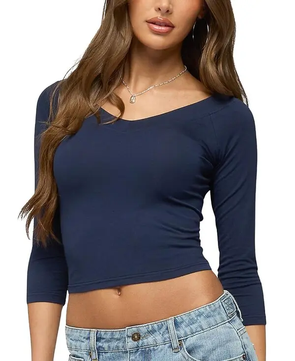 EDIKTED Cecilie Three-quarter Sleeve V Neck Top - Navy
