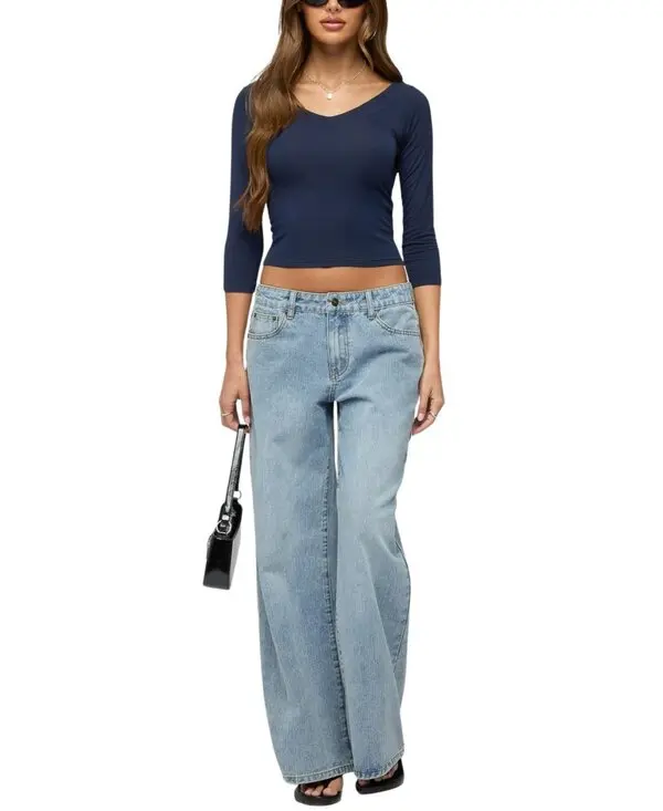 EDIKTED Cecilie Three-quarter Sleeve V Neck Top - Navy