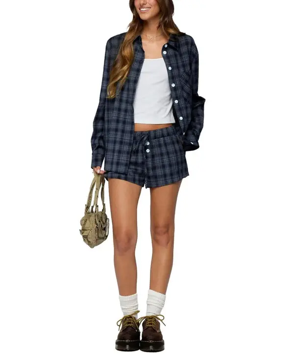 EDIKTED Alessa Plaid Button Up Long Sleeve Top
