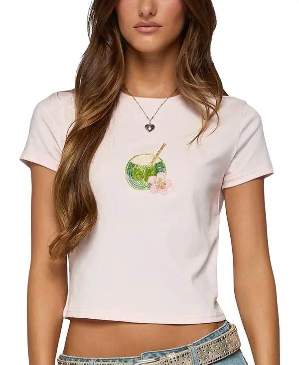 EDIKTED Coconut Beaded Cropped T-shirt