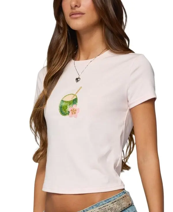 EDIKTED Coconut Beaded Cropped T-shirt