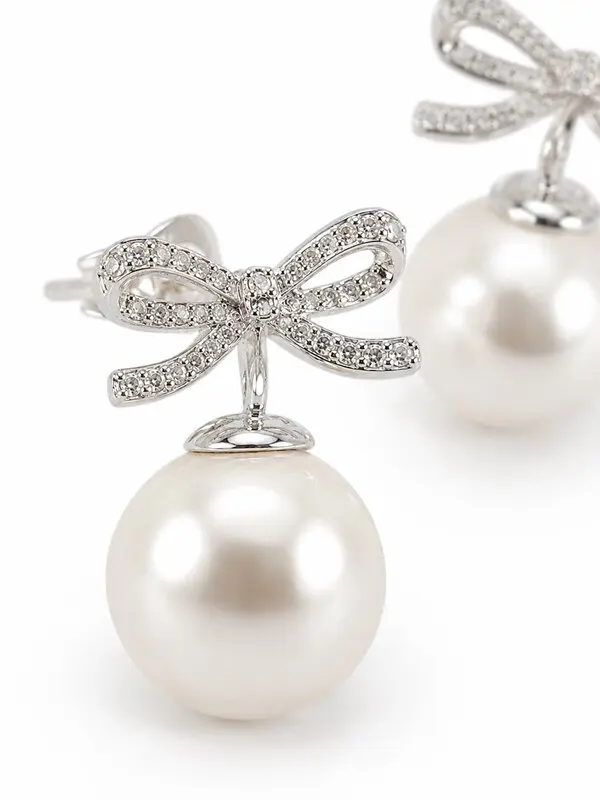 SELF-PORTRAIT Crystal And Pearl Bow Earrings - Silver