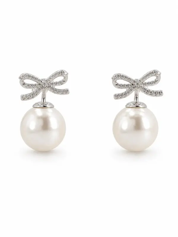 SELF-PORTRAIT Crystal And Pearl Bow Earrings - Silver