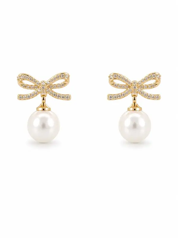 SELF-PORTRAIT Crystal Bow And Pearl Drop Earrings - Gold