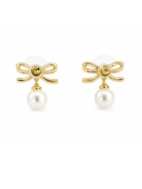 SELF-PORTRAIT Crystal Bow And Pearl Drop Earrings - Gold