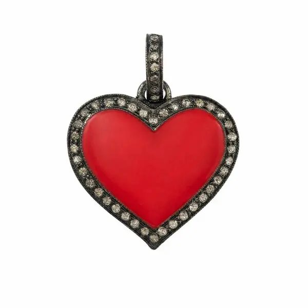 HEATHER HAWKINS Oxidized Sterling Silver Enamel Diamond Heart Pendant Charm - Red