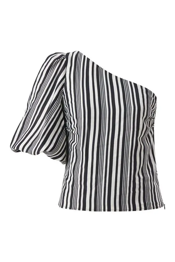EXQUISE One-shoulder Striped Blouse With Voluminous Puff Sleeve