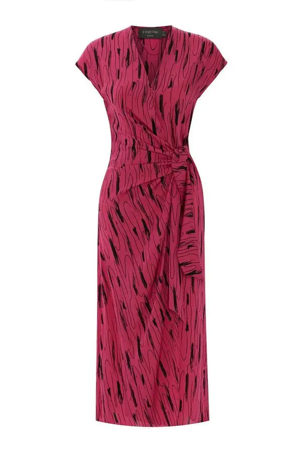 EXQUISE Black / Pink Off Shoulder Belted Wrap Dress Fuchsia - Black/pink