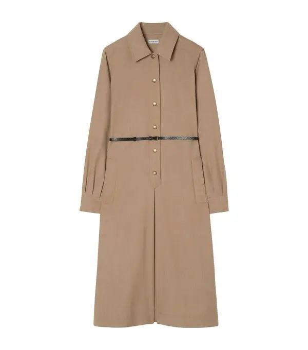 Burberry Wool Midi Shirt Dress With Calfskin Belt