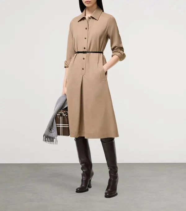 Burberry Wool Midi Shirt Dress With Calfskin Belt