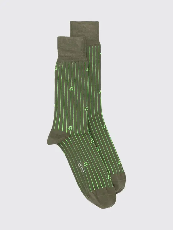 Paul Smith Calf-high Striped Socks With Graphic Print In Cotton Blend - Kaki