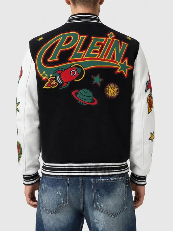 Philipp Plein Varsity Bomber Jacket In Polyester With Lambskin Sleeves