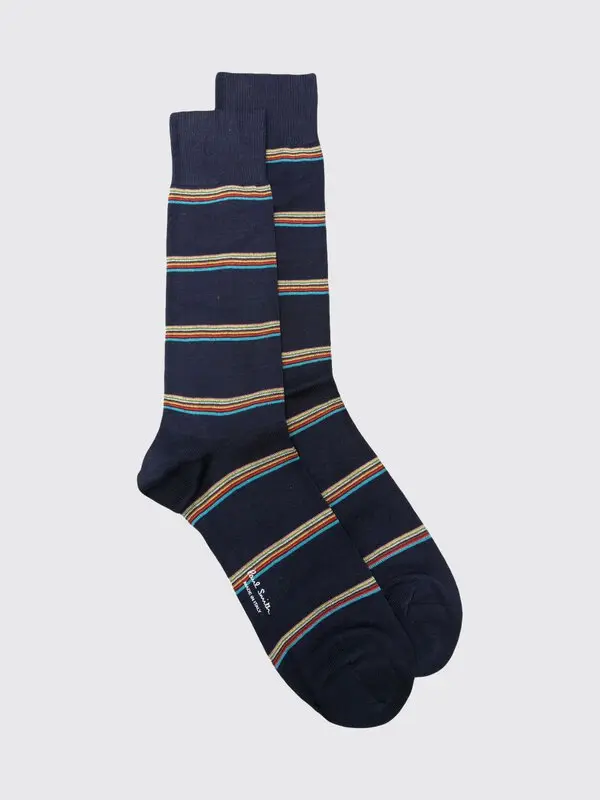 Paul Smith Multi Stripe Calf-high Socks In Stretch Organic Cotton - Navy