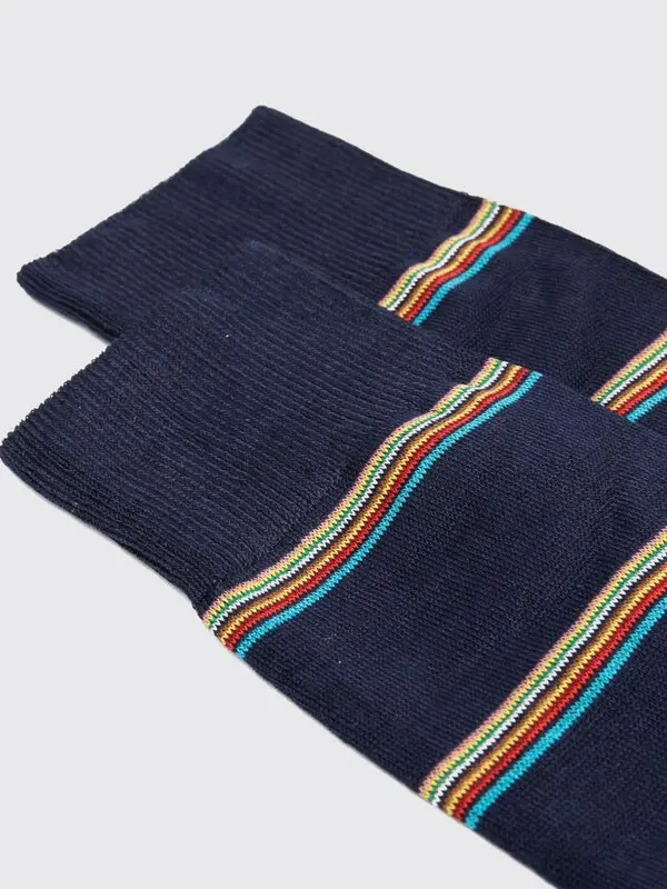 Paul Smith Multi Stripe Calf-high Socks In Stretch Organic Cotton - Navy