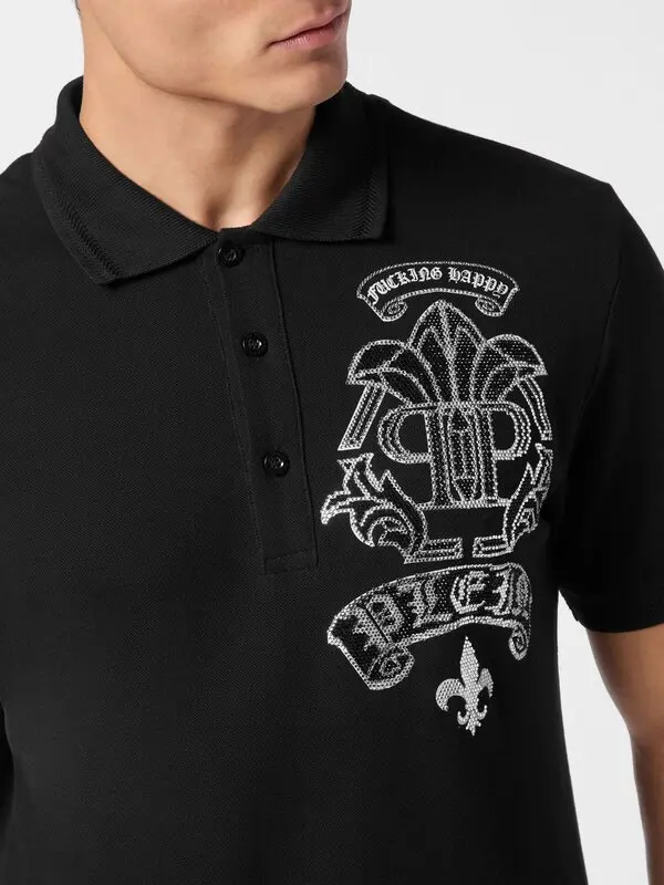 Philipp Plein Short-sleeved Cotton Polo Shirt With Rhinestone Hexagon Logo