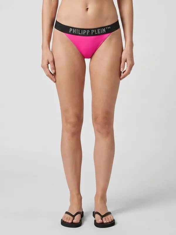 Philipp Plein Lycra Bikini Bottoms With Logo Waistband And Crystals - Fuchsia